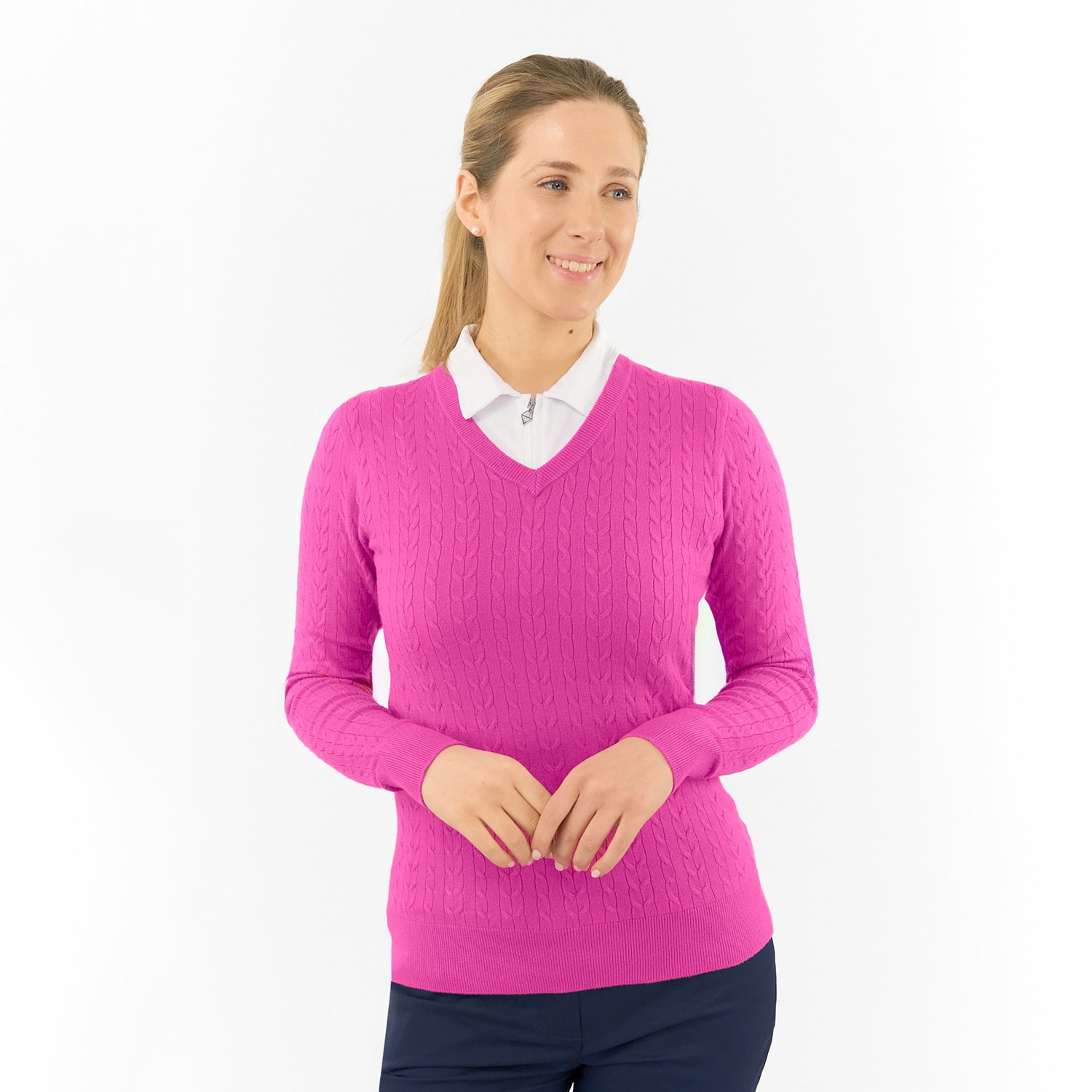 Pure Ladies Cable Knit V-Neck Golf Sweater – GolfGarb